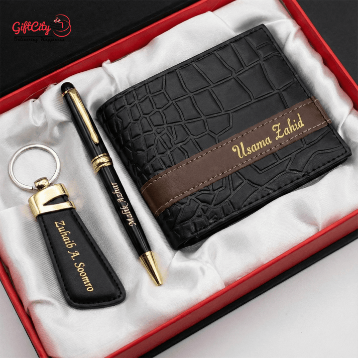 Luxury Name Engraved Wallet Set with Pen & Keychain – GiftCity
